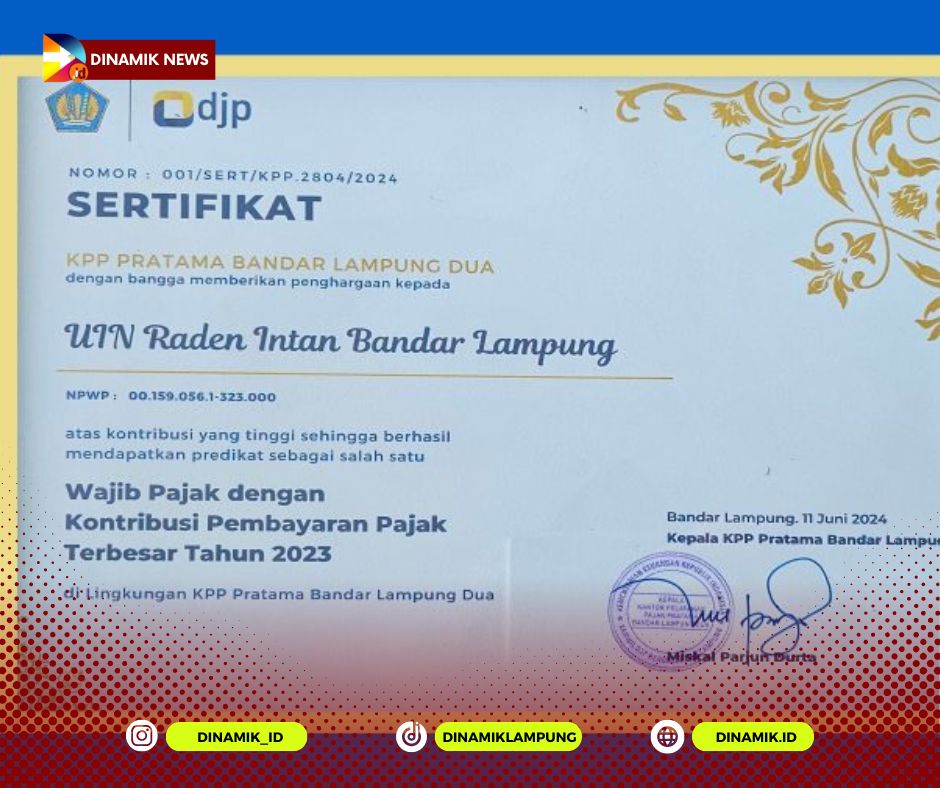 UIN Raden Intan Lampung Kembali Raih Penghargaan Wajib Pajak dengan Kontribusi Pembayaran ...