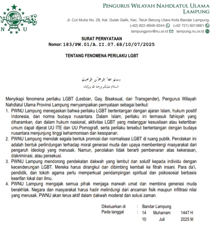 Tegas, PWNU Lampung Keluarkan Surat Pernyataan: LGBT Bertentangan ...